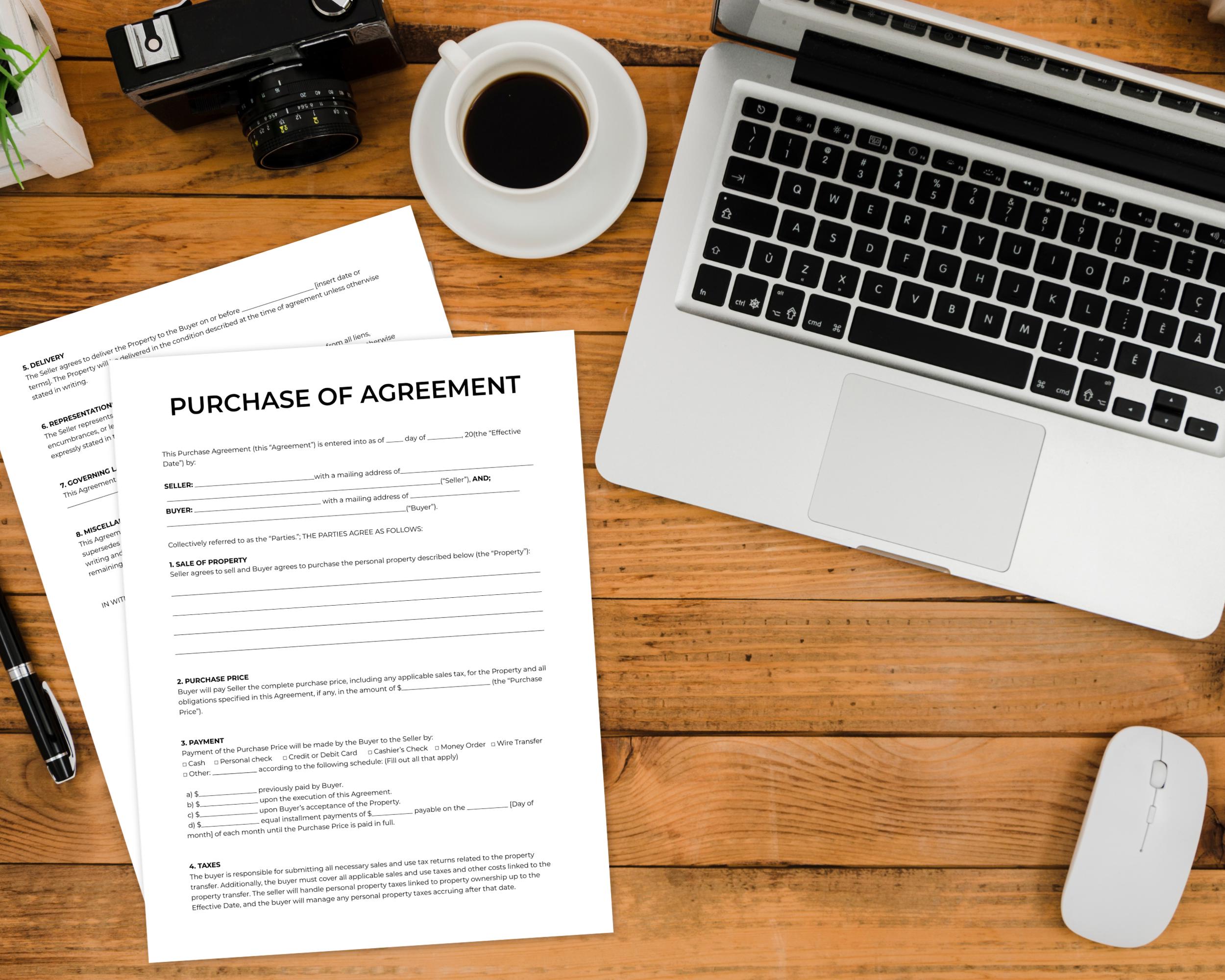 Printable Purchase Agreement Template. Contract of Sales. Editable ...
