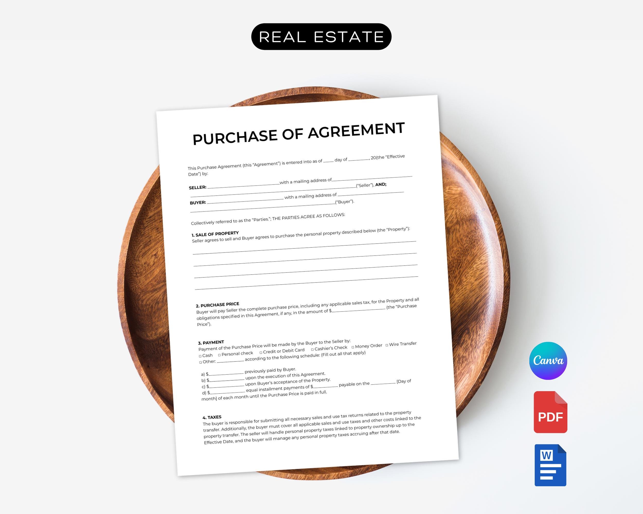 Printable Purchase Agreement Template. Contract of Sales. Editable ...