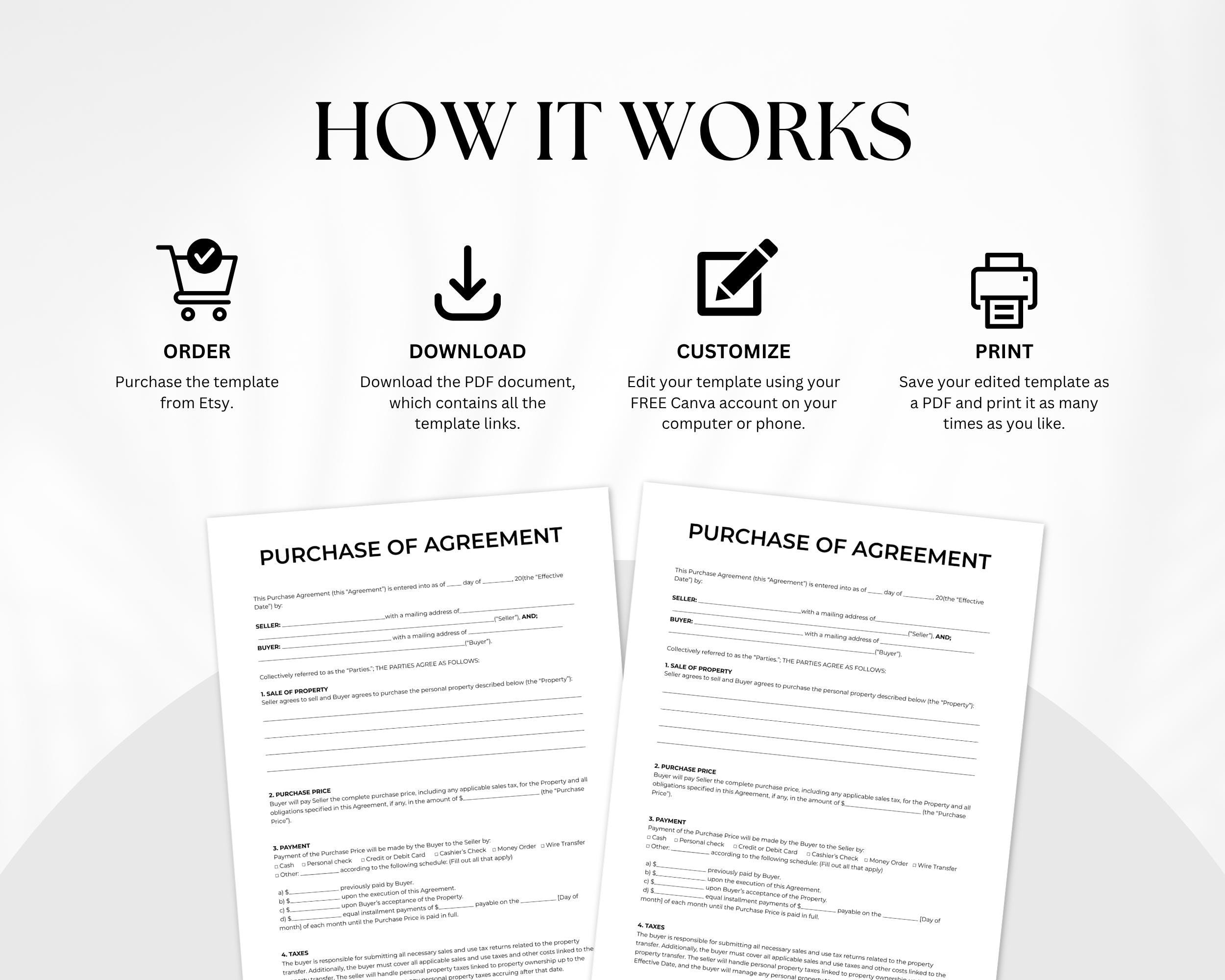 Printable Purchase Agreement Template. Contract of Sales. Editable Purchase and Sale Contract ...