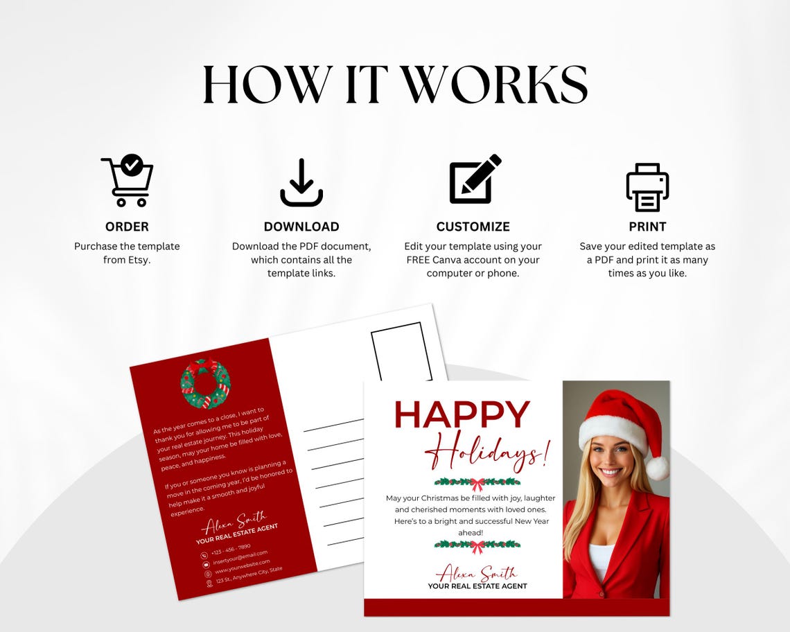 Editable Real Estate Christmas Holiday Postcard, Christmas Card Realtor ...