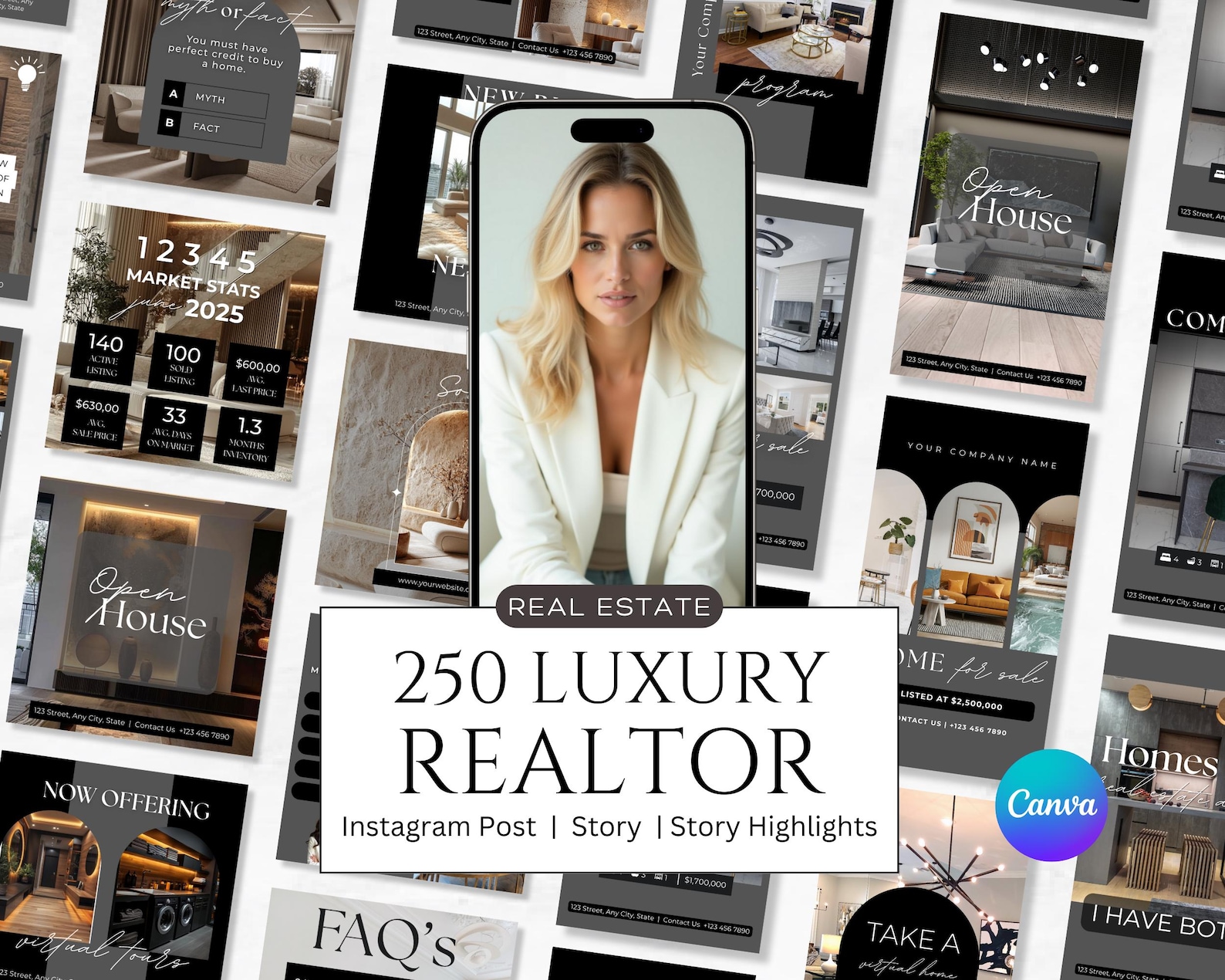 250 Real Estate Instagram Post + Story + Highlights Templates for Canva ...