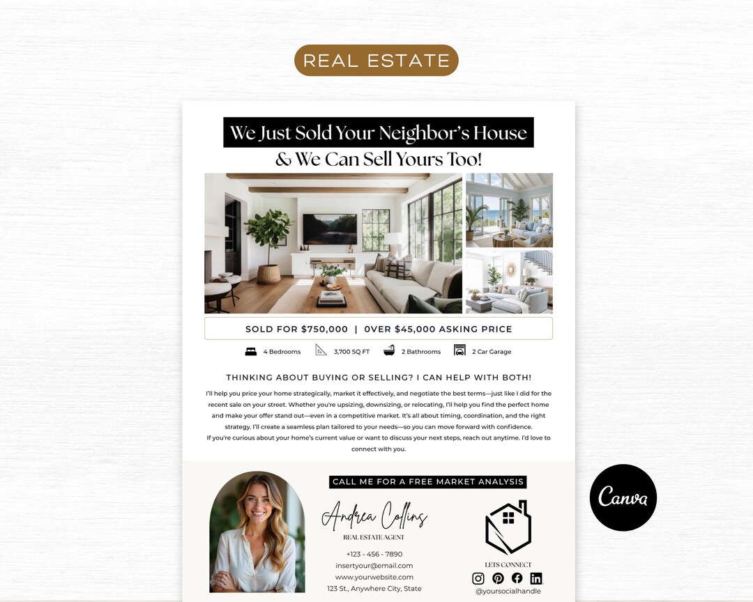 Real Estate Sold Neighbor's House Flyer | Canva | Real Estate Marketing ...