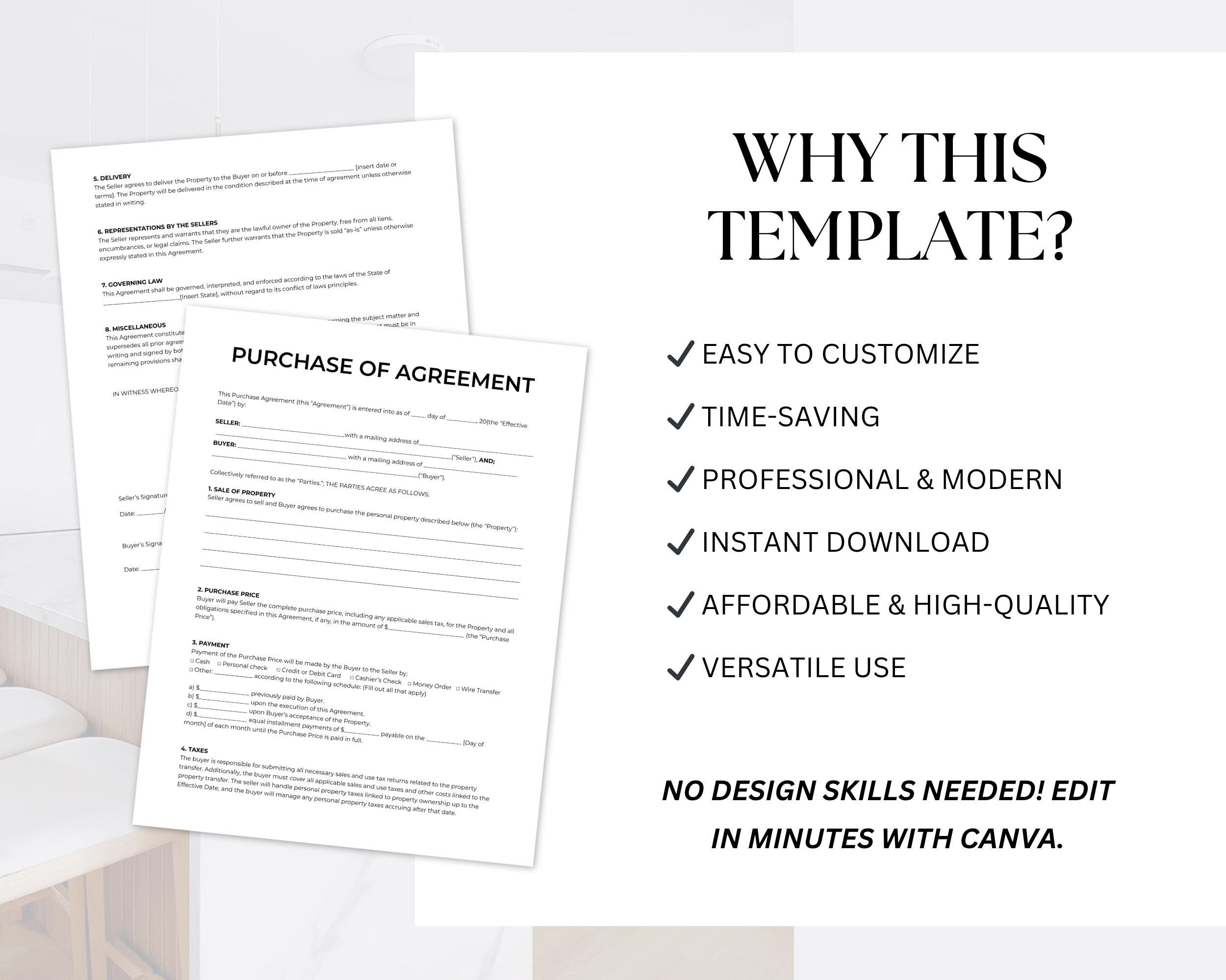 Printable Purchase Agreement Template. Contract of Sales. Editable Purchase and Sale Contract ...