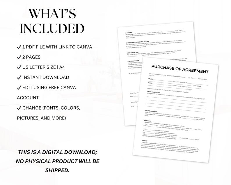 Printable Purchase Agreement Template. Contract of Sales. Editable ...