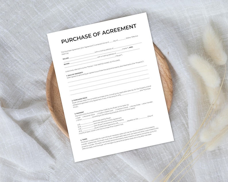 Printable Purchase Agreement Template. Contract of Sales. Editable ...