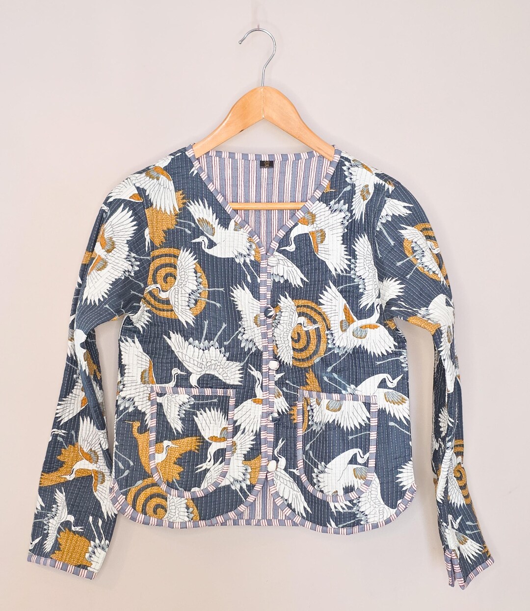 Block Print Jacket - Reversible- Flying Cranes- Grey - Etsy