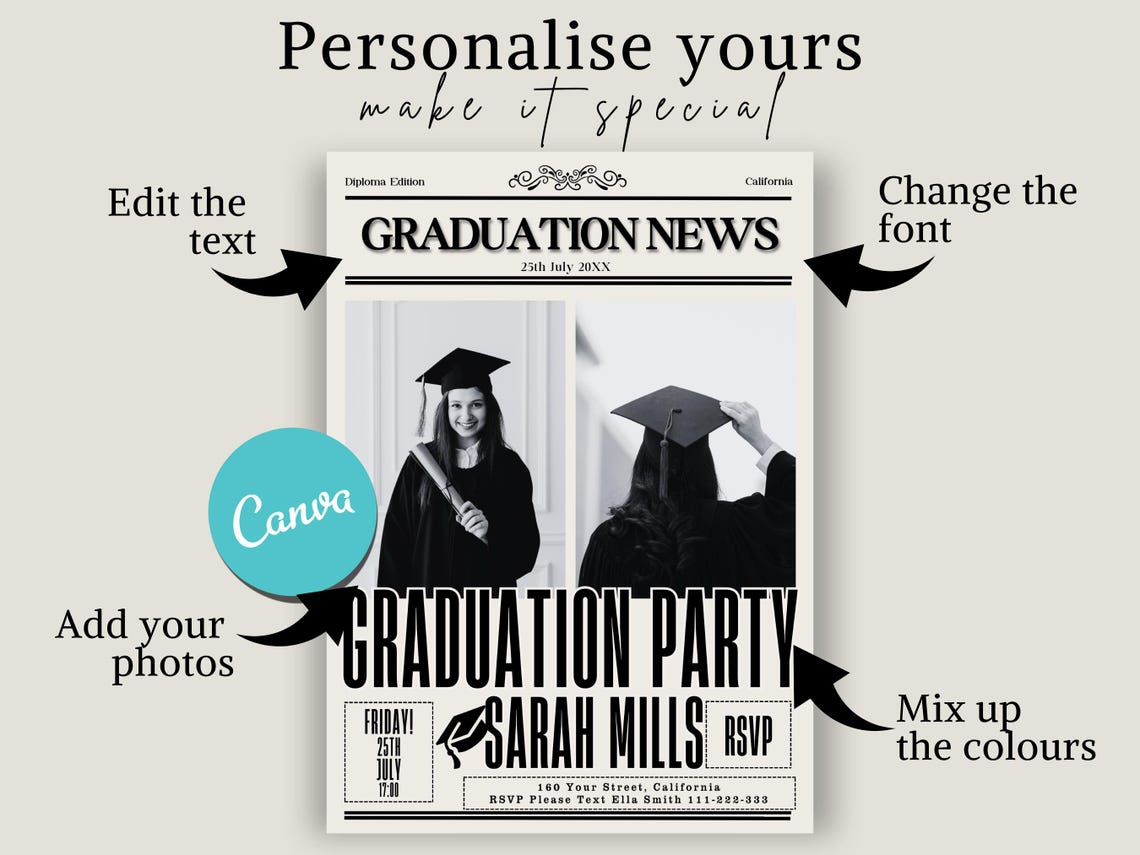 Classic Graduation Newspaper Template, Fully Customizable, Edit With ...
