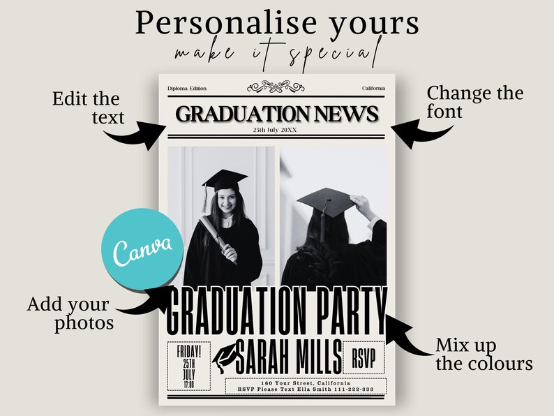 Classic Graduation Newspaper Template, Fully Customizable, Edit With ...