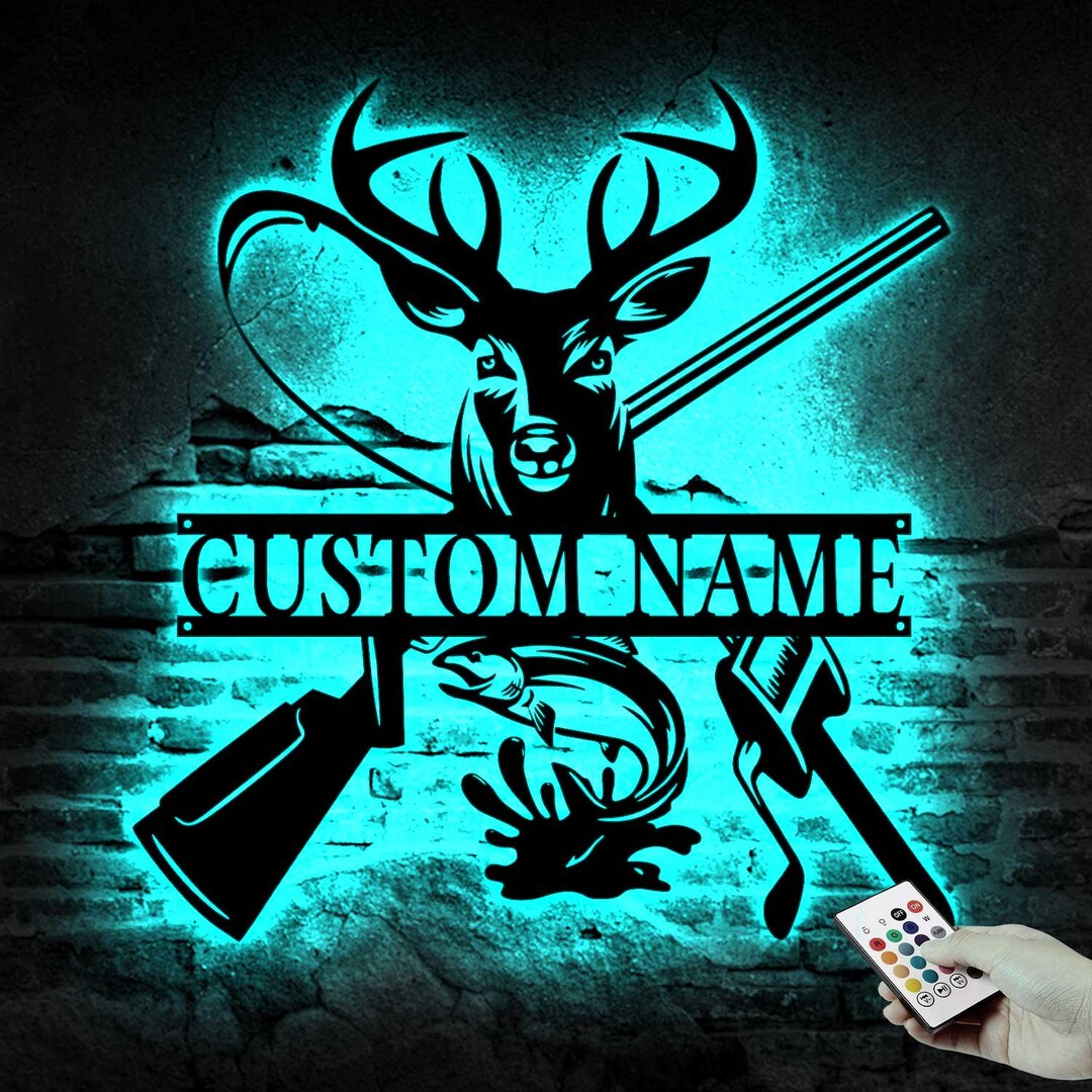 Personalized Deer & Fish LED Sign, Custom Deer Hunting Fish Decor, Man ...