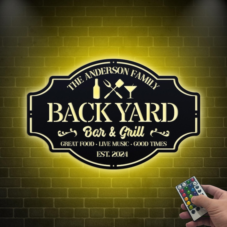 Personalized Backyard Bar & Grill LED Sign, Custom Family Name Patio ...