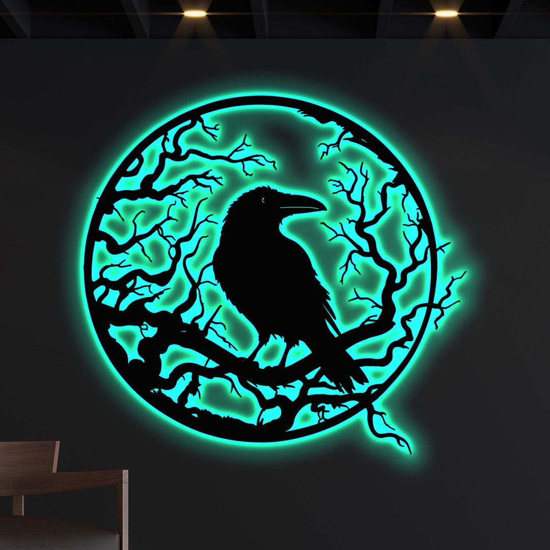 Crow on Branch LED Sign | Aesthetic Wall Decor | Metal Raven Art With ...