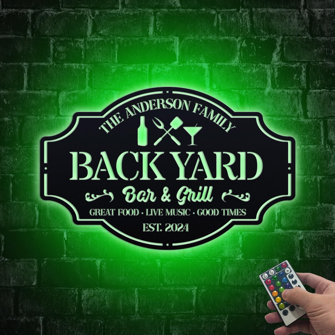 Personalized Backyard Bar & Grill LED Sign, Custom Family Name Patio ...