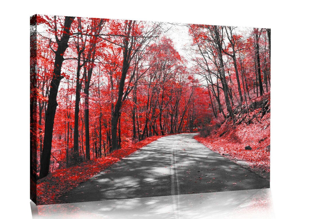 Red Trees Lined Road Landscape Canvas Wall Art Picture Print - Etsy