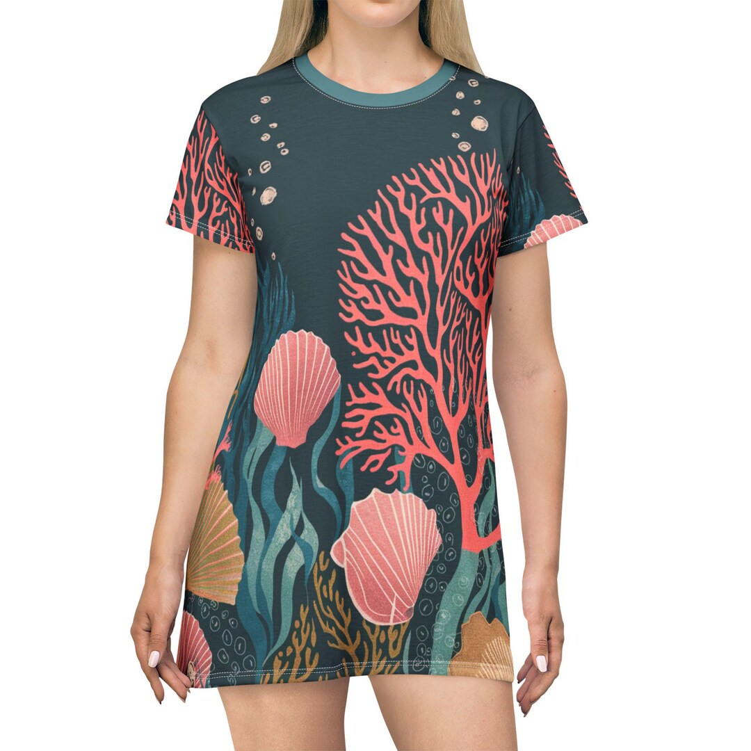 Coral Reef T-shirt Dress - Vibrant Ocean Print, Beach Cover Up, Summer ...