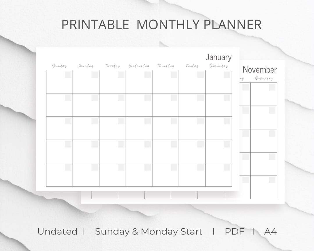 Undated Monthly Planner on One Page Landscape, Sunday Monday Starts ...