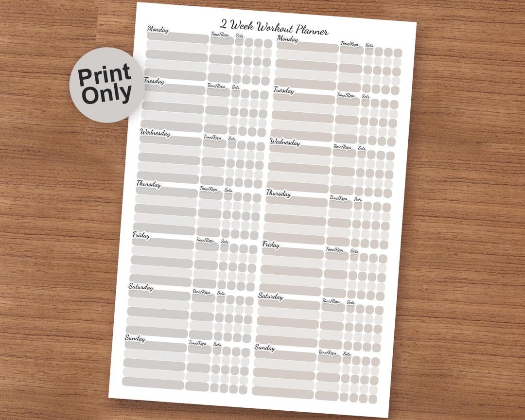 Exercise, Time/reps and 4 Sets Checkboxes | 2 Week Workout Planner ...