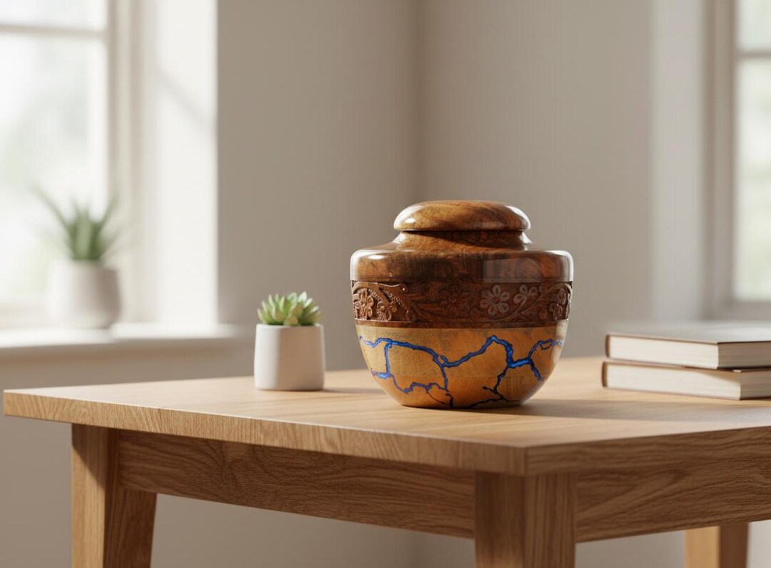 Handcrafted Rosewood Cremation Urn: Blue Resin Inlay & Floral Carving ...