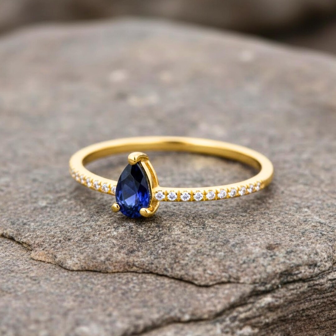 0.32 Ct Drop Cut Sapphire Ring, Teardrop Gold Jewelry, Moissanite ...