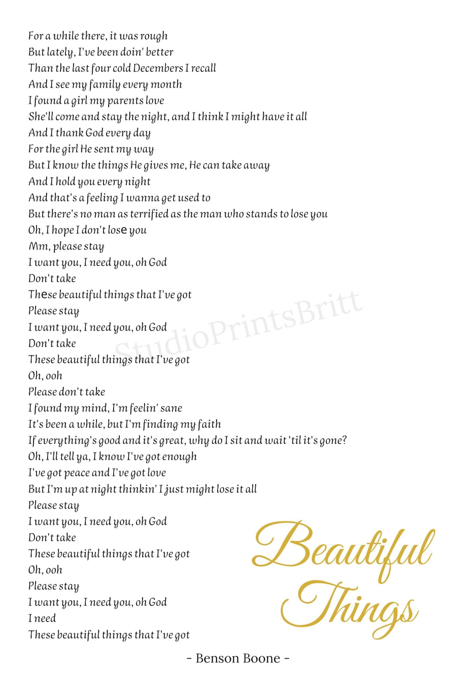 Benson Boone Lyrics Beautiful Things Print, Digital Fan Art, Artist ...