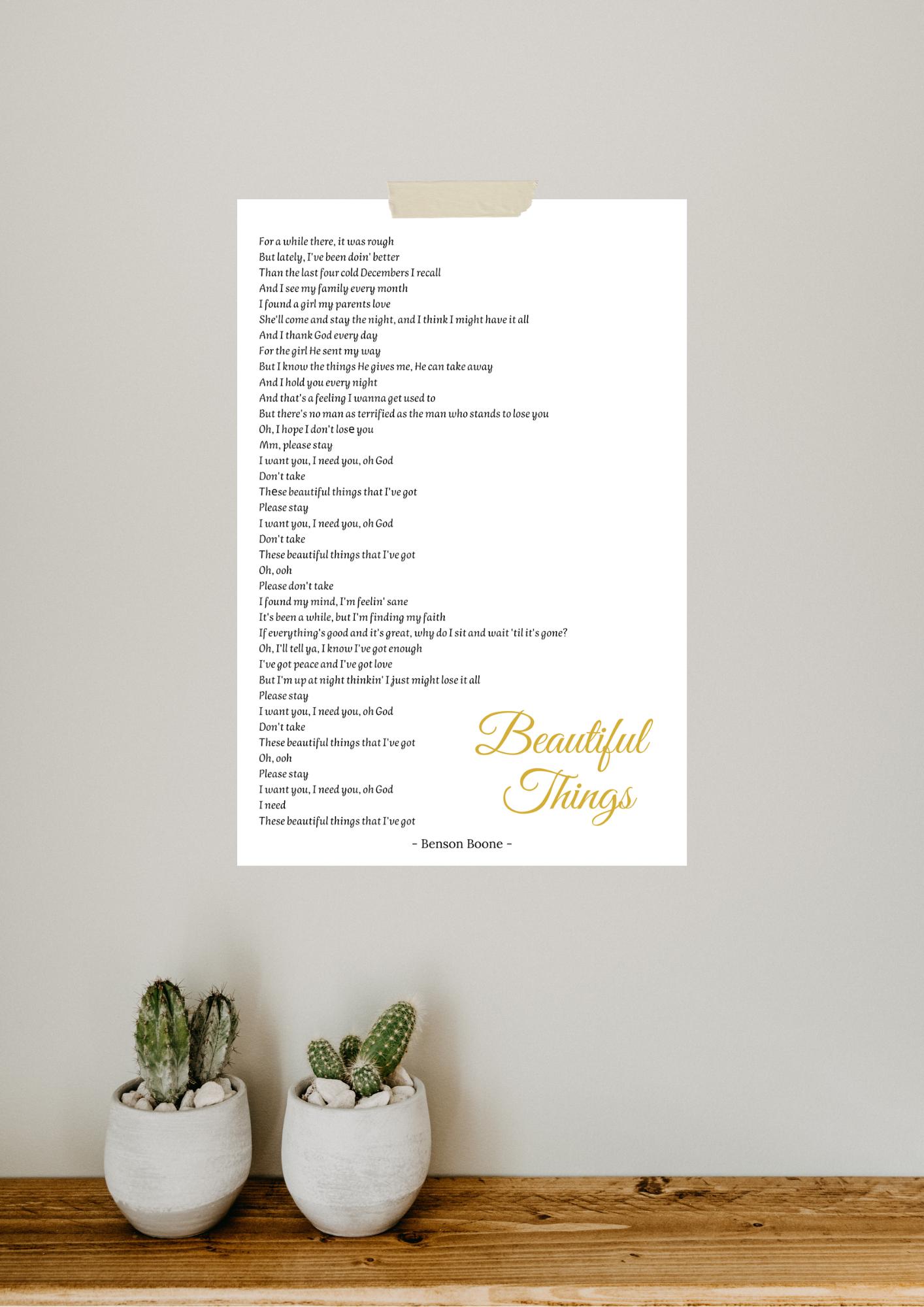 Benson Boone Lyrics Beautiful Things Print, Digital Fan Art, Artist ...