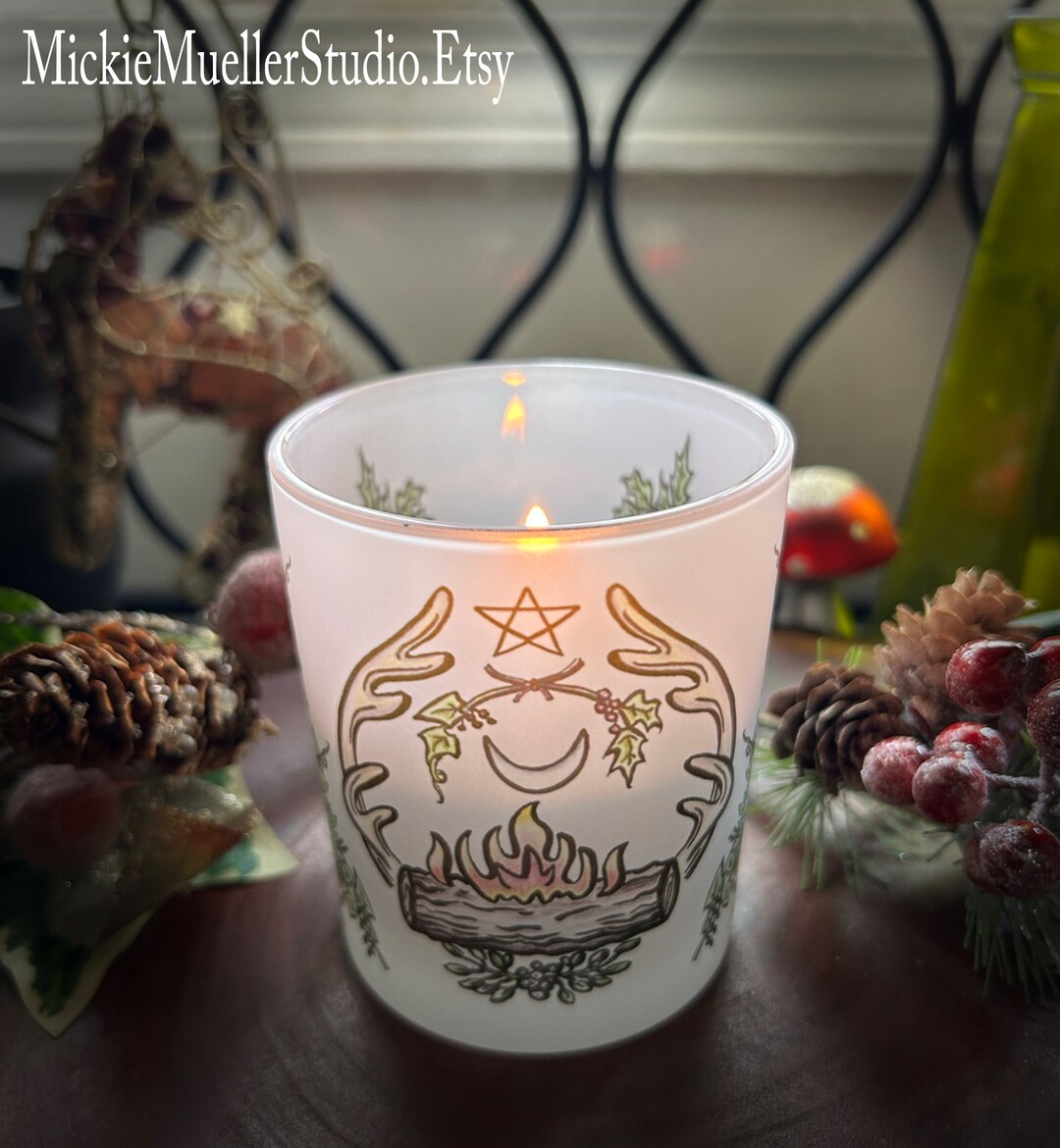 Yule Log and Antlers Frosted Candle Holder, Blessed Votive Candle ...
