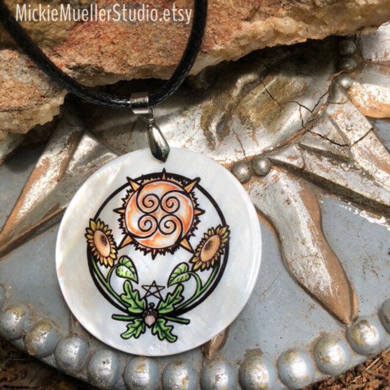Litha Midsummer Sun and Oak Amulet Mother of Pearl by Mickie - Etsy