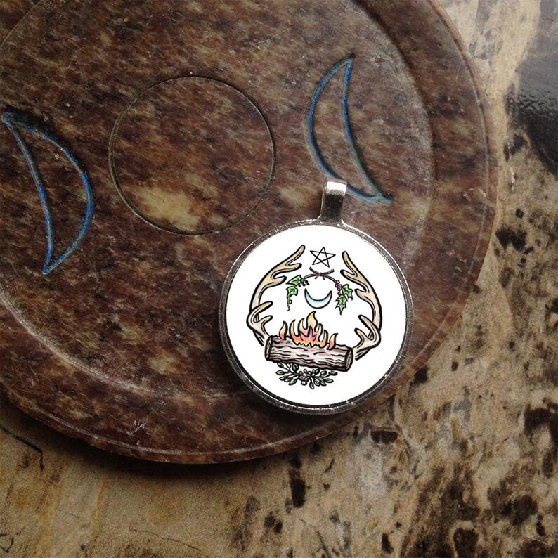 Winter Solstice Yule Log and Antlers Amulet Symbol Bezel | Etsy