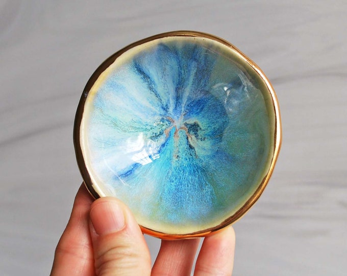 Blue and Gold Ring Dish, Gold Luster Edge, Jewelry Dish, Engagement ...