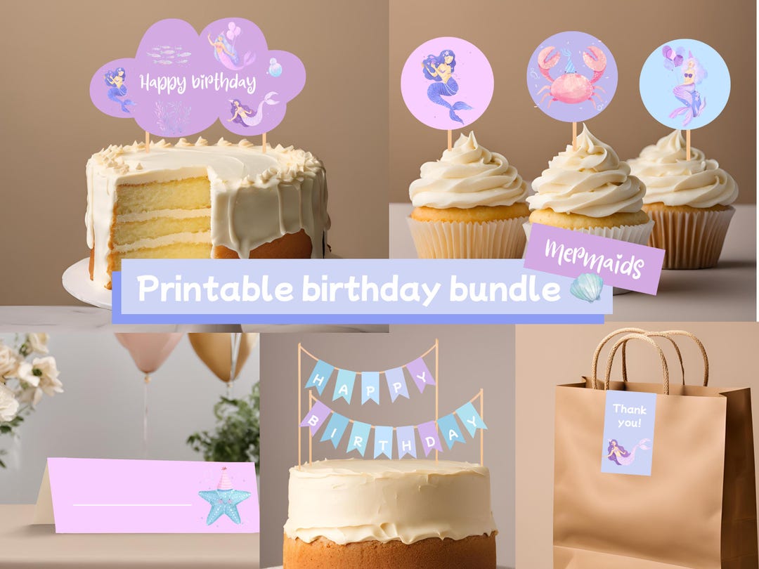 Mermaid Themed Printable Cake Toppers Decoration Birthday Party Pack ...
