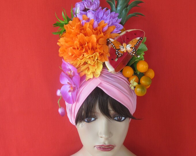 Tropical Fruts PINK TURBAN Carmen Miranda Style, Fruit Headpiece. Tiki ...