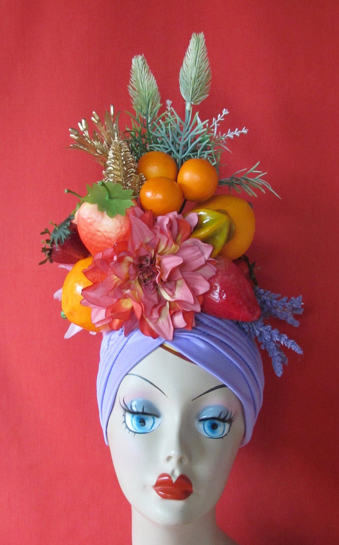 Tropical Fruits LIGHT PURPLE TURBAN Oranges and Strawberries Carmen ...