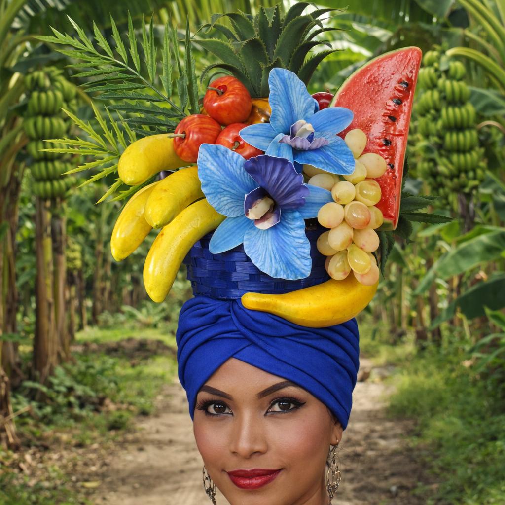 Tropical Fruits BLUE TURBAN Carmen Miranda Style, Chiquita Style ...