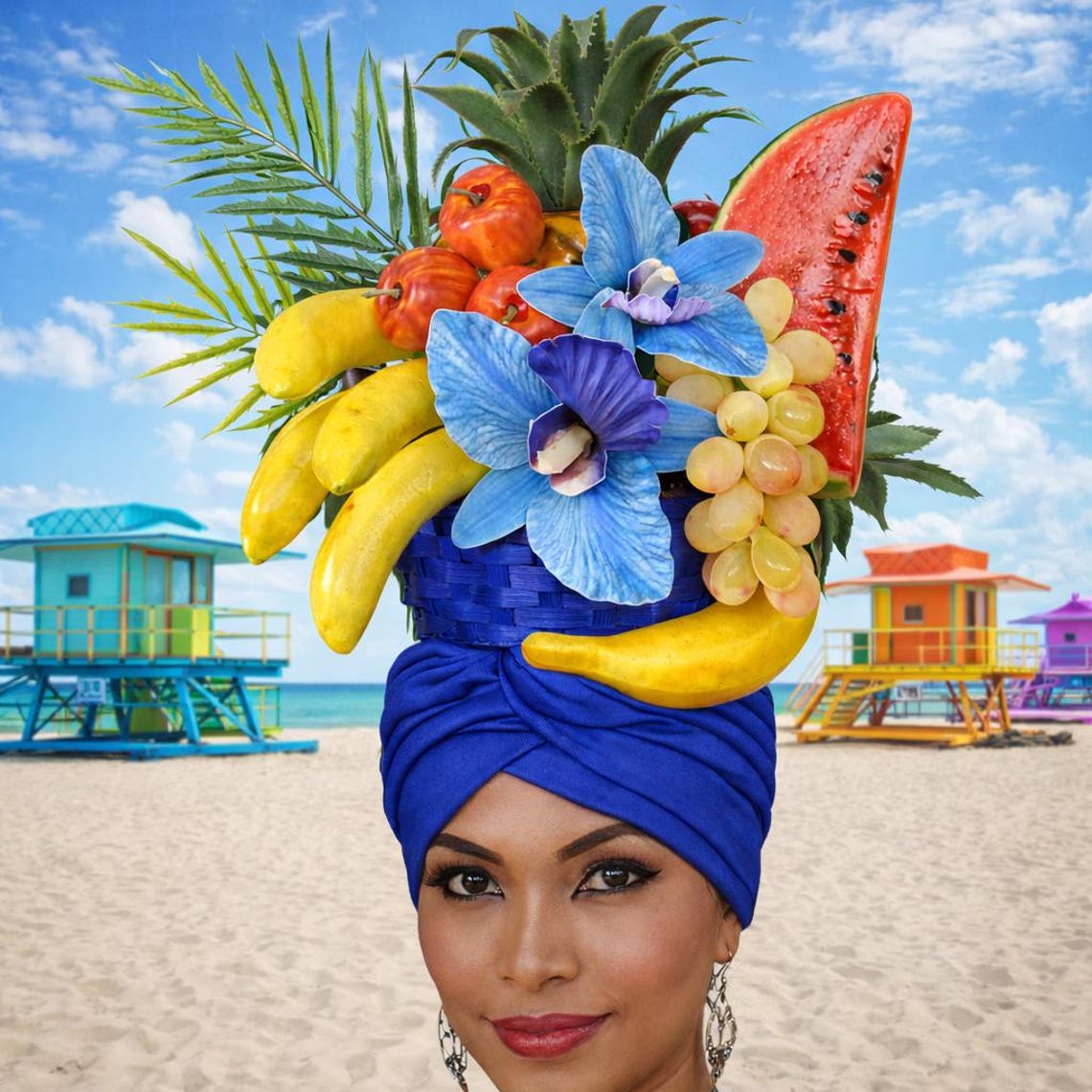Tropical Fruits BLUE TURBAN Carmen Miranda Style, Chiquita Style ...