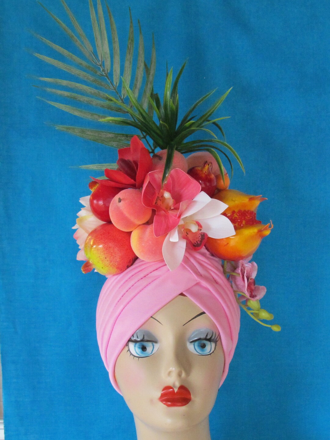 Tropical Fruits PINK TURBAN Pomegranates , Peaches Carmen Miranda Style ...