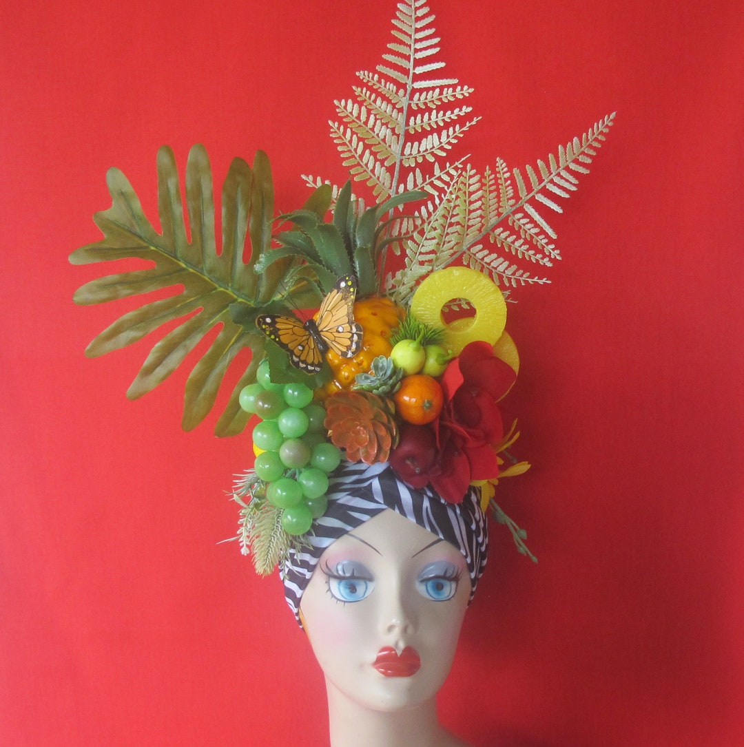 Tropical Fruits ZEBRA PRINT TURBAN Carmen Miranda Style, Headdress ...