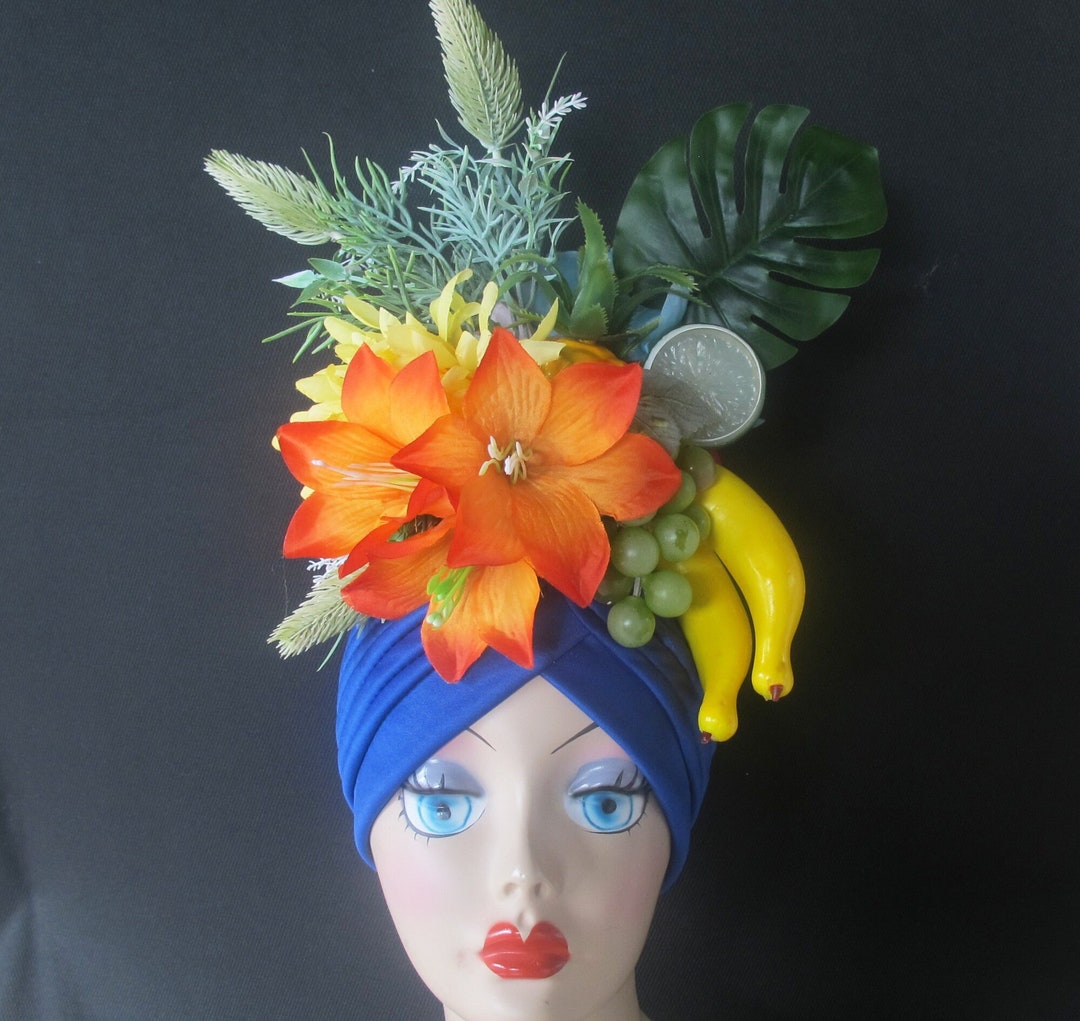 Tropical Fruits BLUE TURBAN Carmen Miranda Styletropical - Etsy