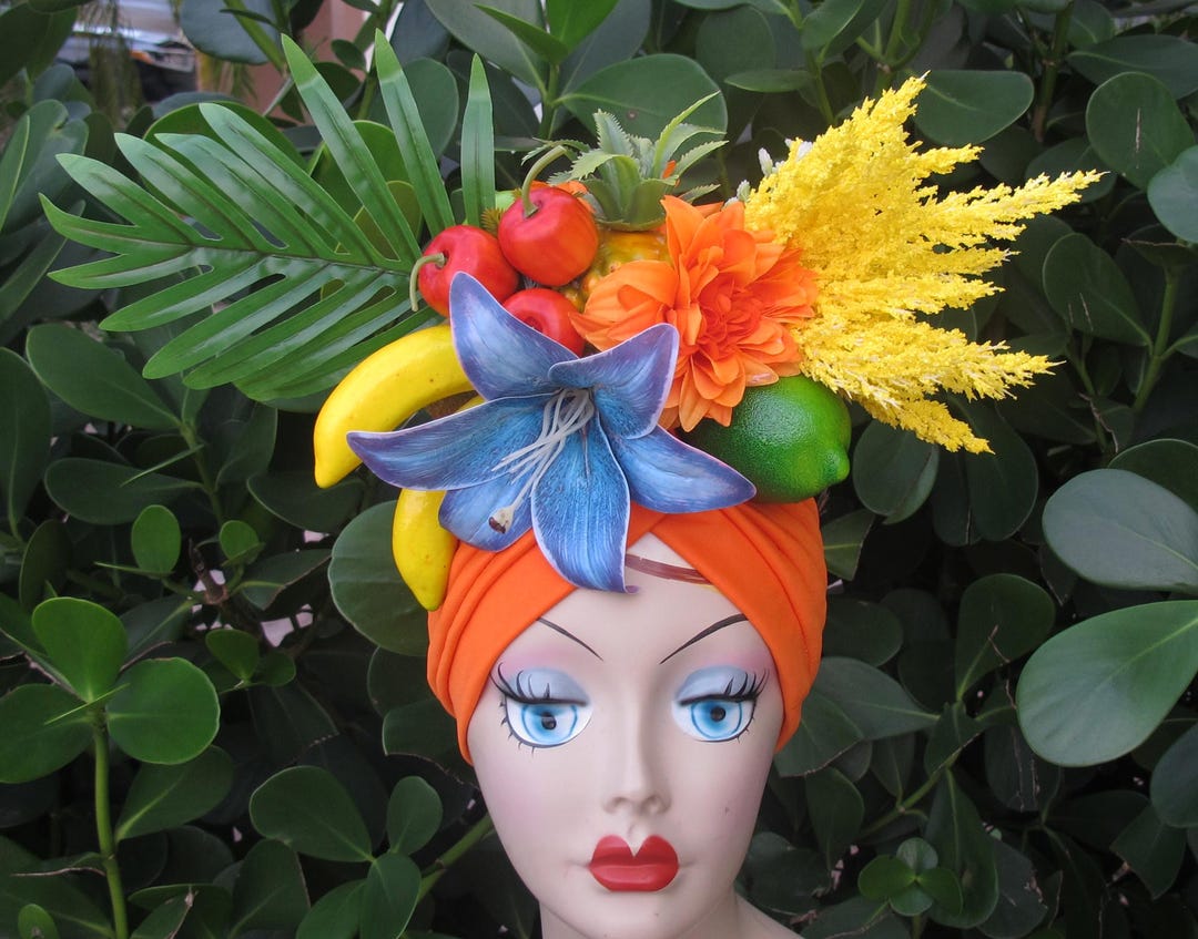 ORANGE TURBAN Tropical Fruits With BLUE Lily Carmen Miranda Style Adult ...