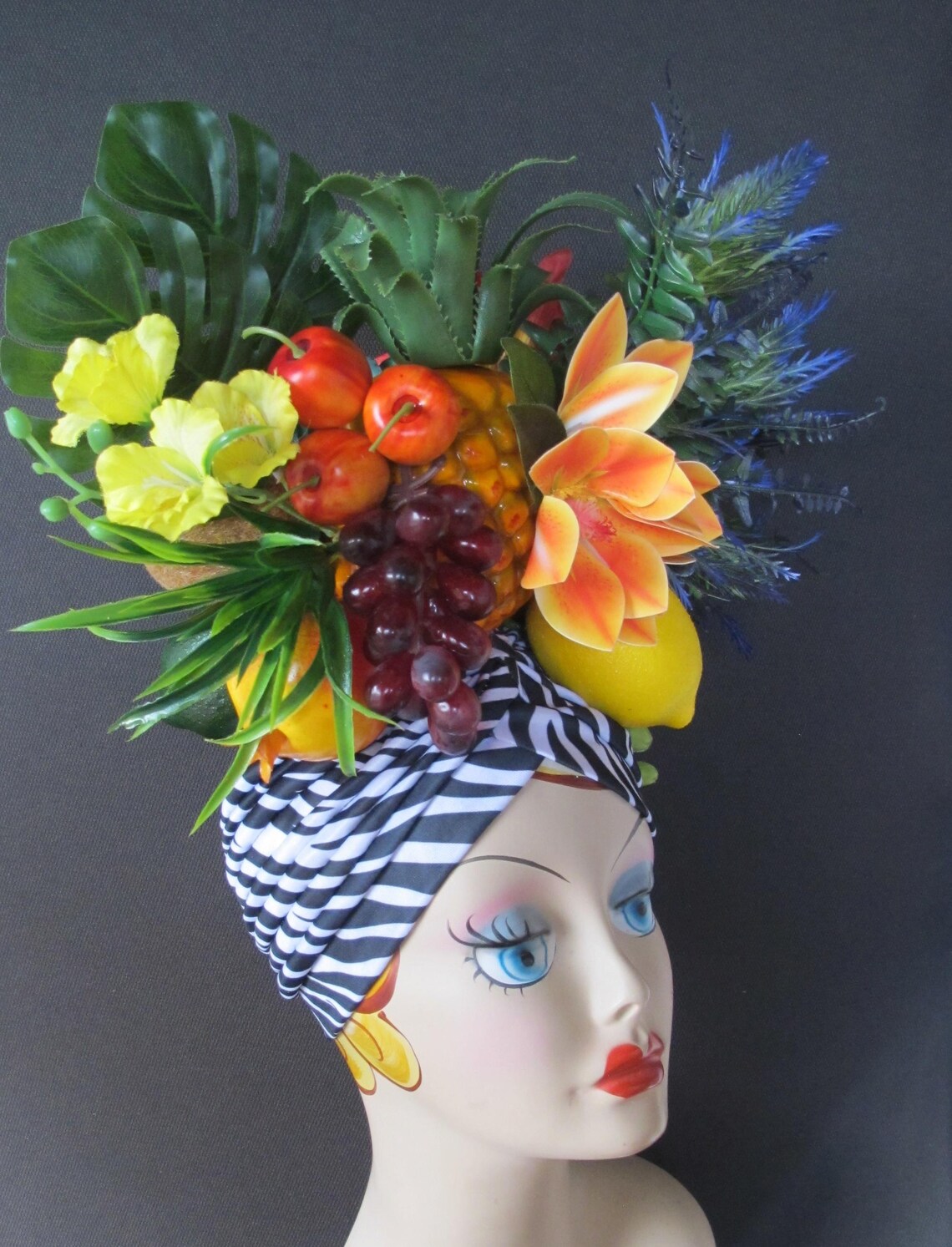 Tropical Fruits ZEBRA PRINT TURBAN Carmen Miranda Style, Headdress ...