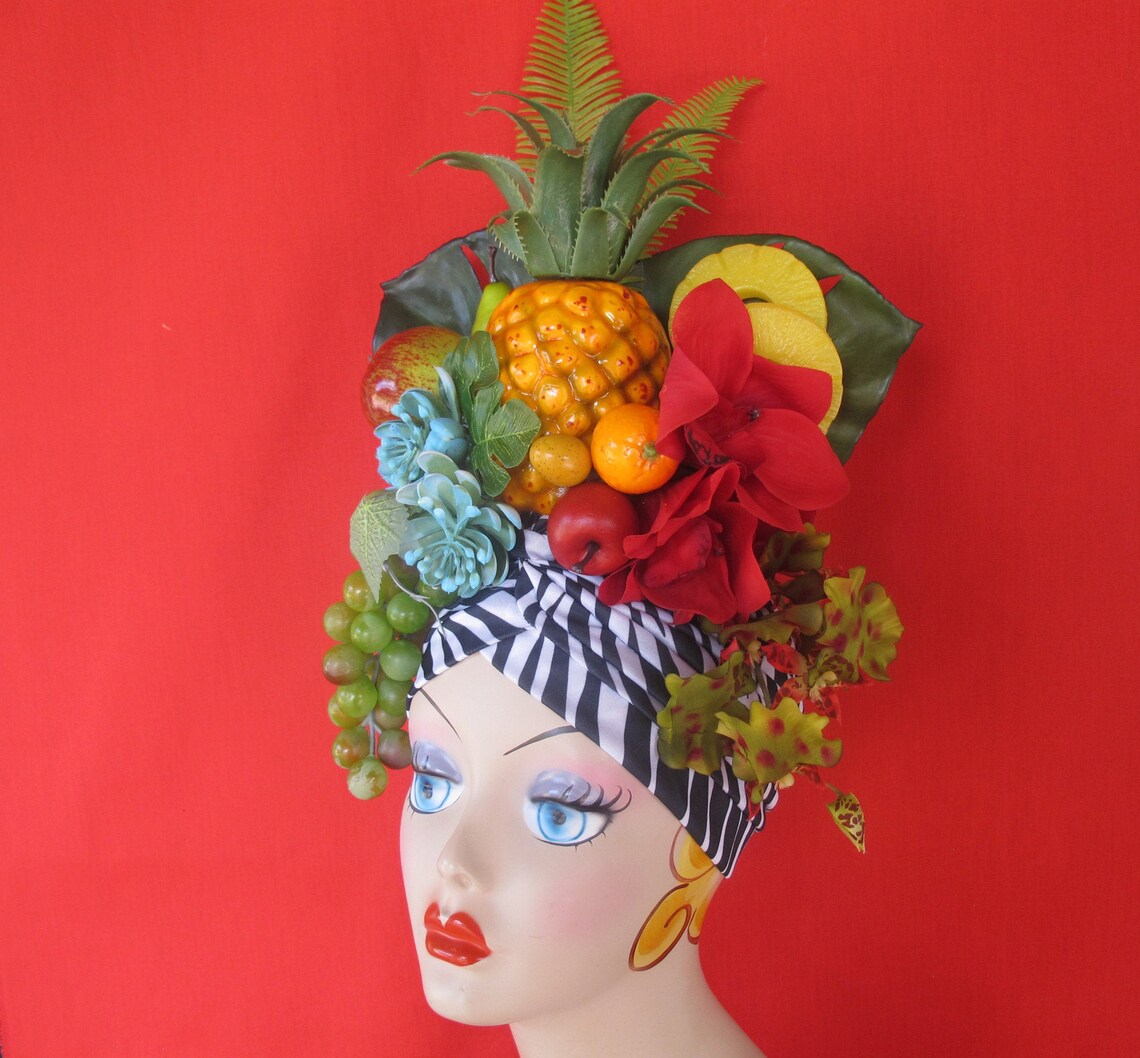 Carmen Miranda TURBAN ZEBRA PRINT Tropical Fruits Pineapple | Etsy