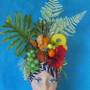 Tropical Fruits ZEBRA PRINT TURBAN Carmen Miranda Style, Headdress ...