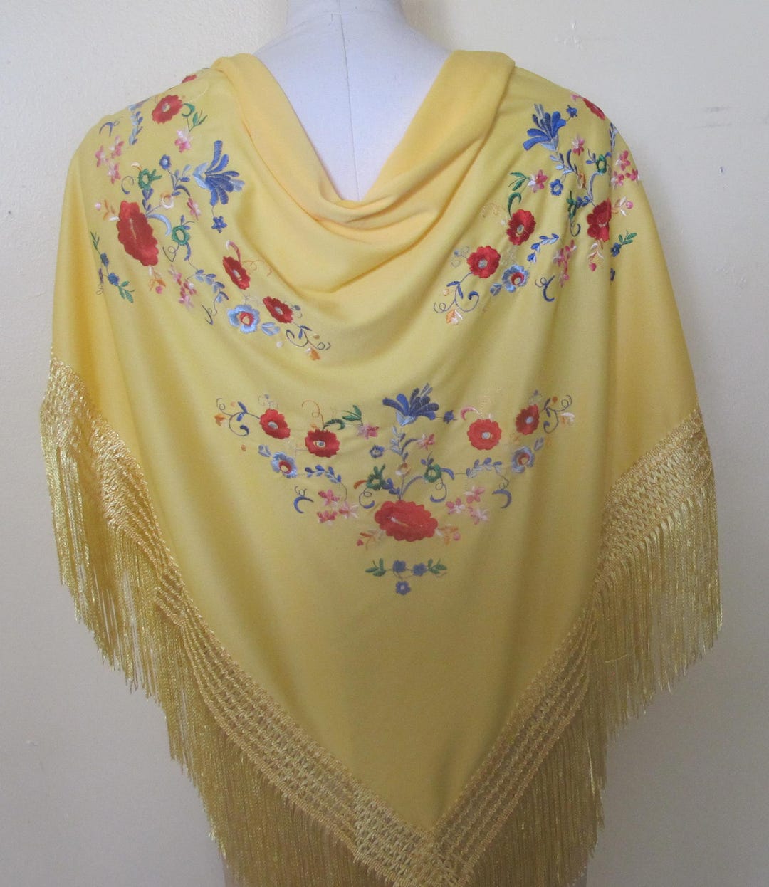FLAMENCO YELLOW Triangular Shawl ( Pico ) With Multi-colors Embroidered ...