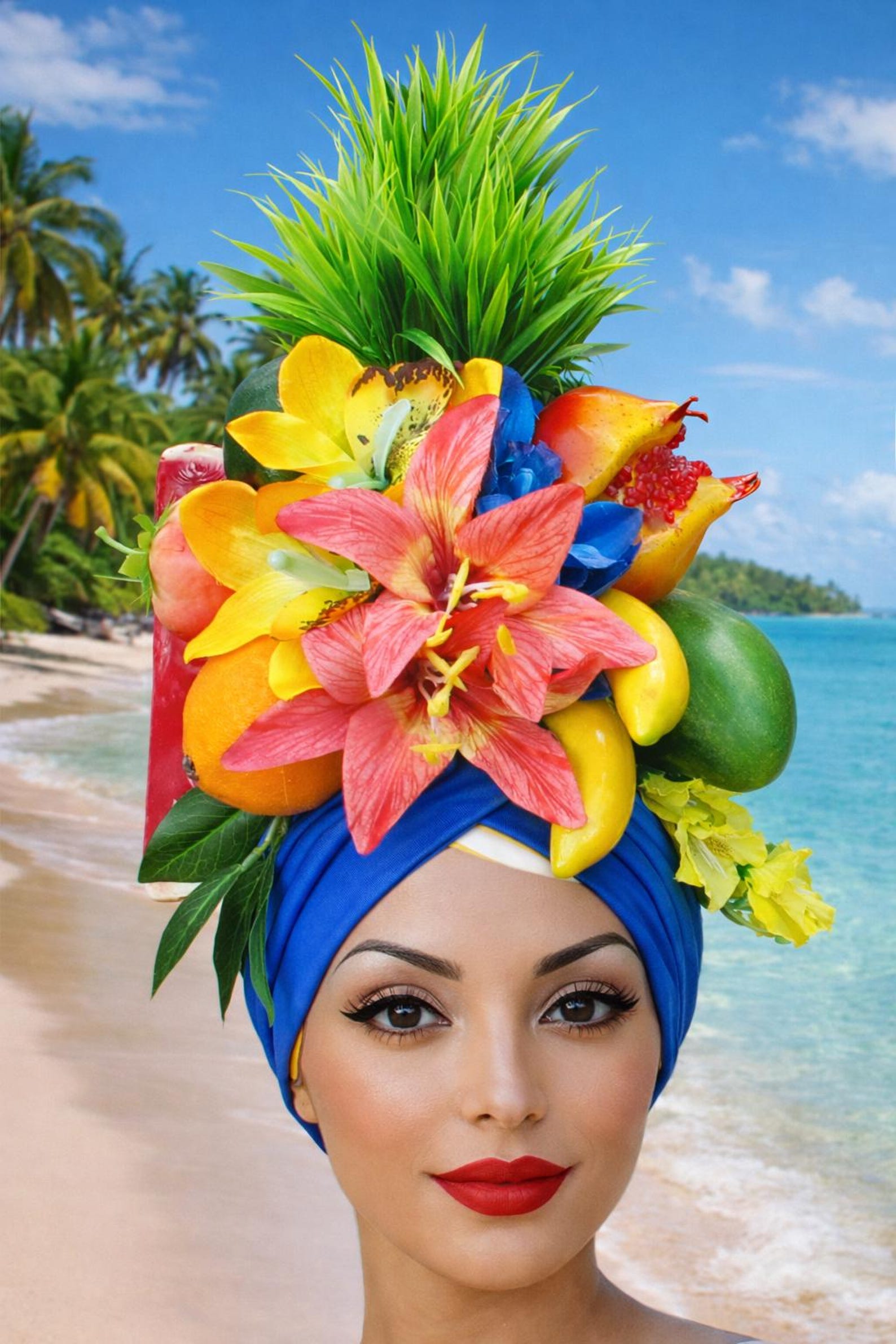 Tropical Fruits BLUE TURBAN Carmen Miranda Style, Headdress,tropical ...