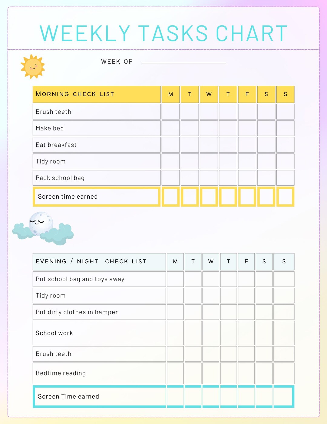 Kids Tasks Chores Chart - Etsy