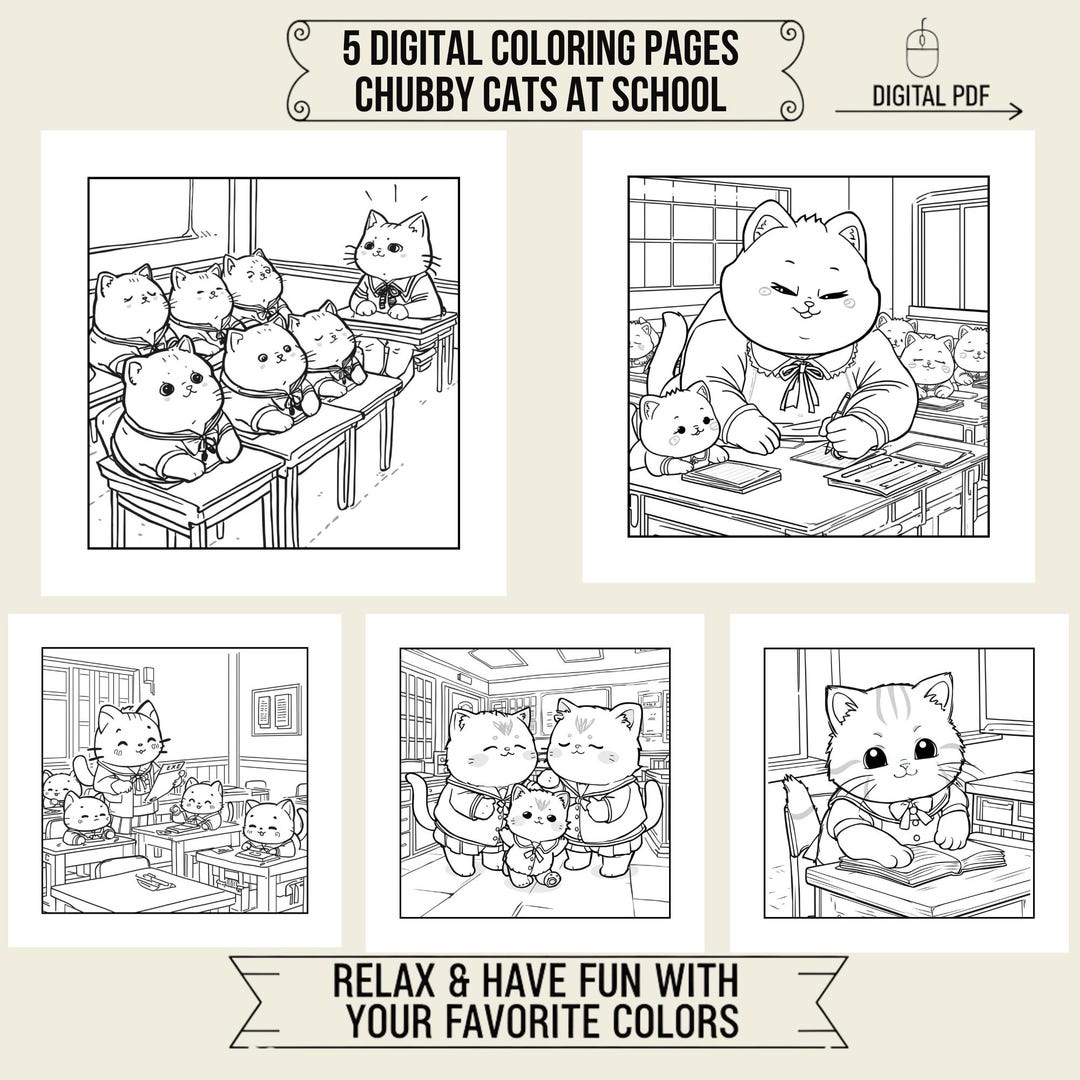 Kawaii Cat Coloring Pages, 5 Easy School Life Designs for Kids & Adults ...