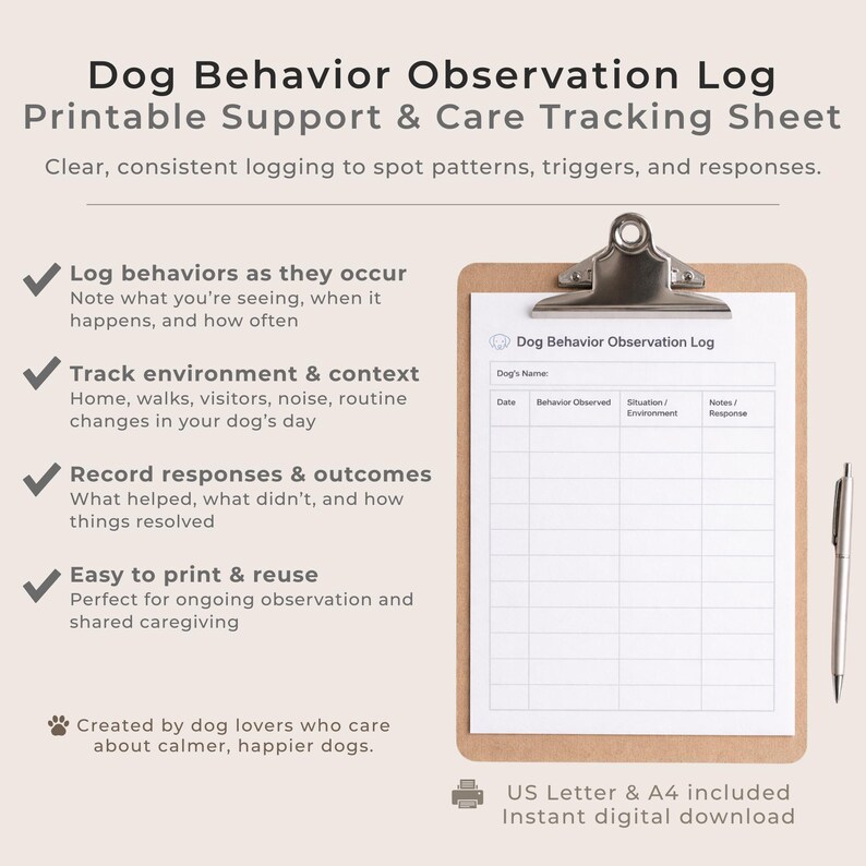 Dog Behavior Observation Log Printable | Anxiety & Trigger Tracking ...