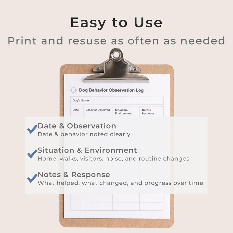 Dog Behavior Observation Log Printable | Anxiety & Trigger Tracking ...