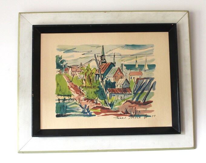 1957 Thomas Meek Jr Watercolor Painting in Mid Century Framing - Large ...