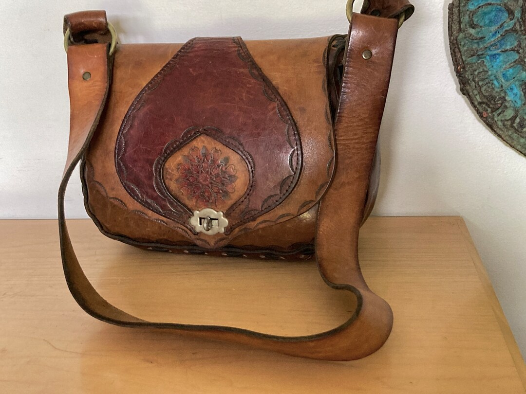1970s Tooled Mandella Two Tone Leather Bag Cross Body or Shoulder Heavy ...