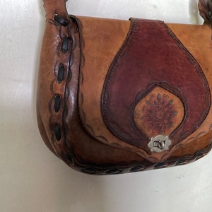 1970s Tooled Mandella Two Tone Leather Bag Cross Body or Shoulder Heavy ...