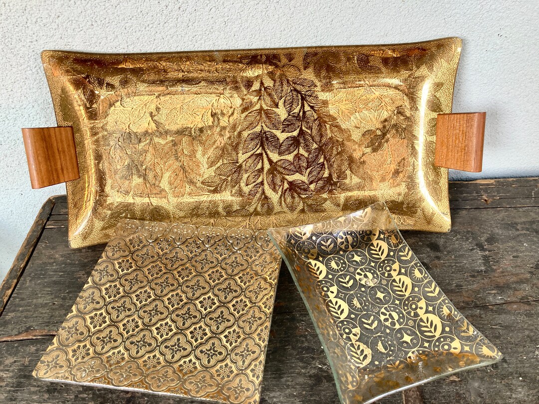 3 MCM Serving Trays Bent Glass N Gold Gilt Georges Briard Iberia Ernest ...